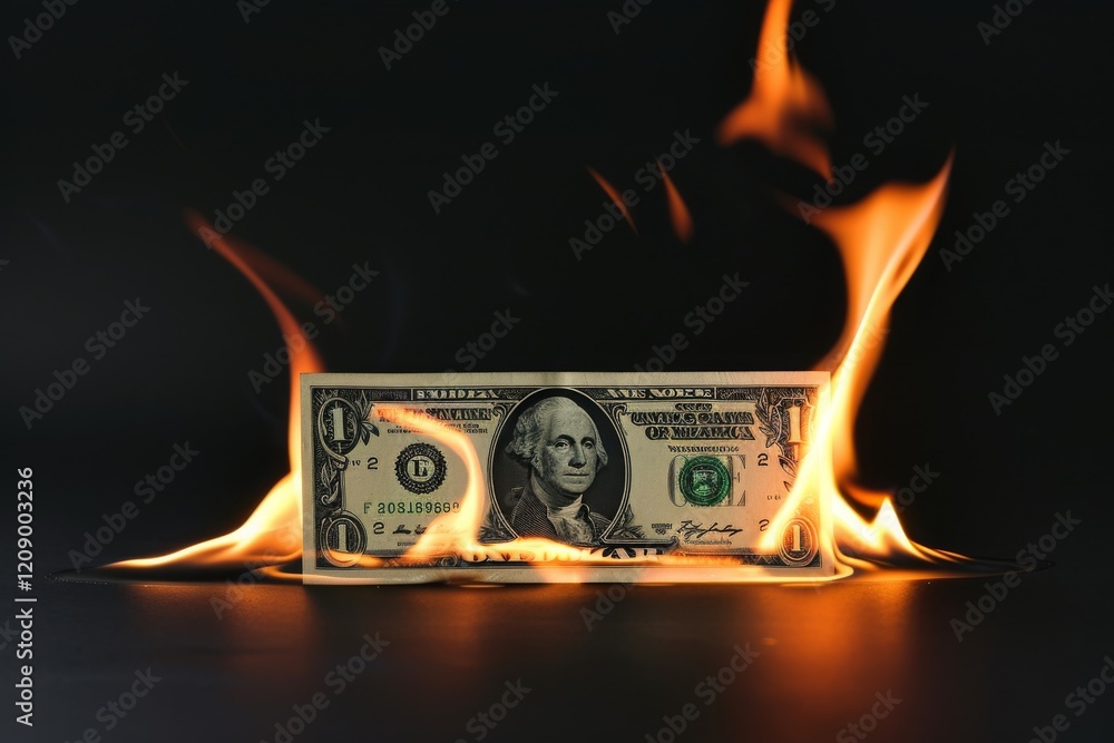 A burning dollar banknote on a black background with flames consuming ...
