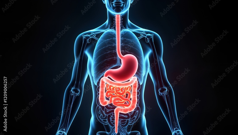 3D model of human digestive system. Visible anatomical structures like ...