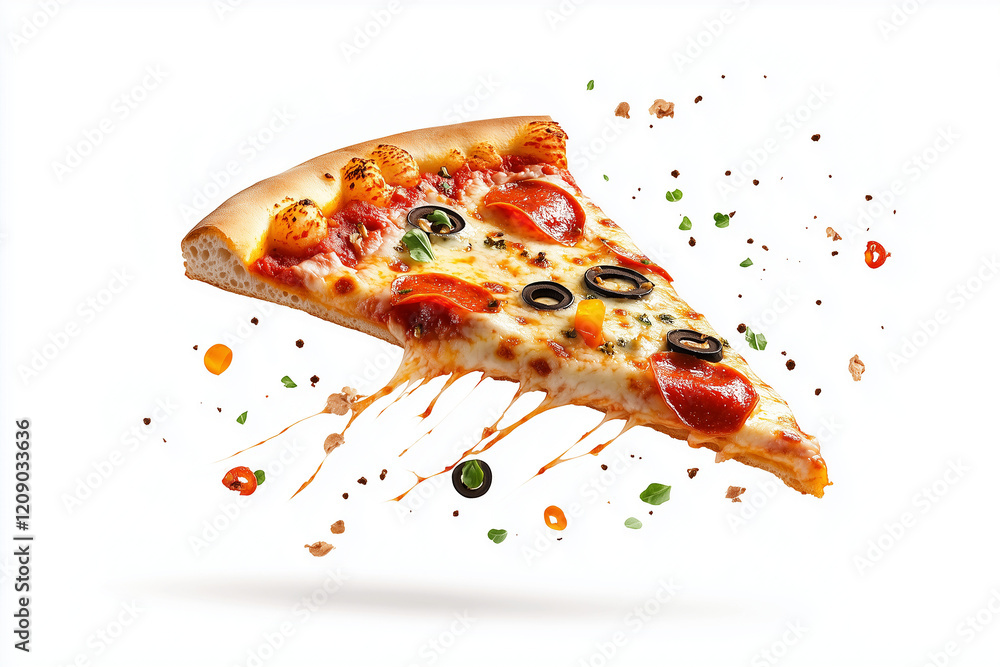 Pizza Slice with Toppings in Motion – PNG Isolated on White Background ...