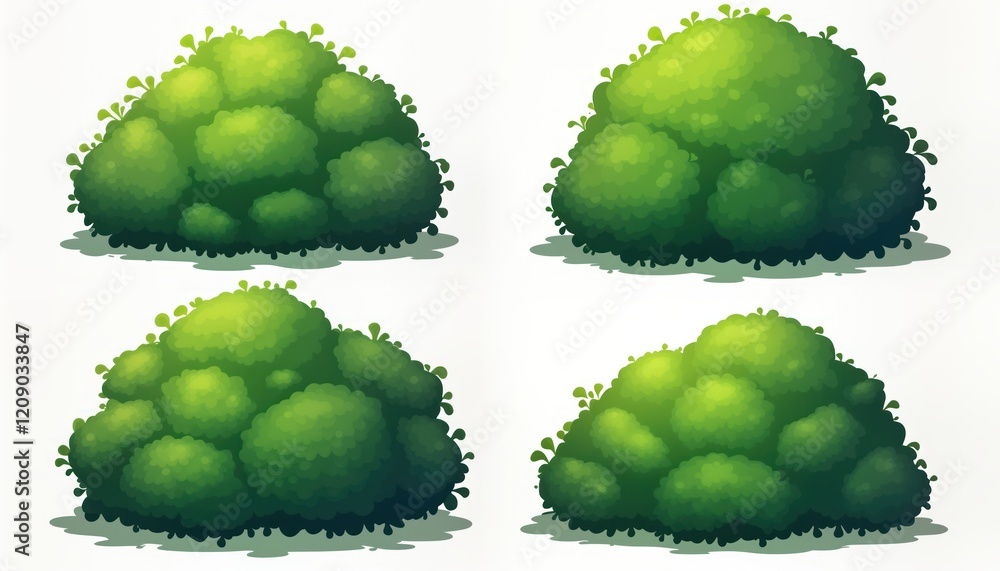 Four different cartoon bushes depicted. Rich green foliage appears on ...