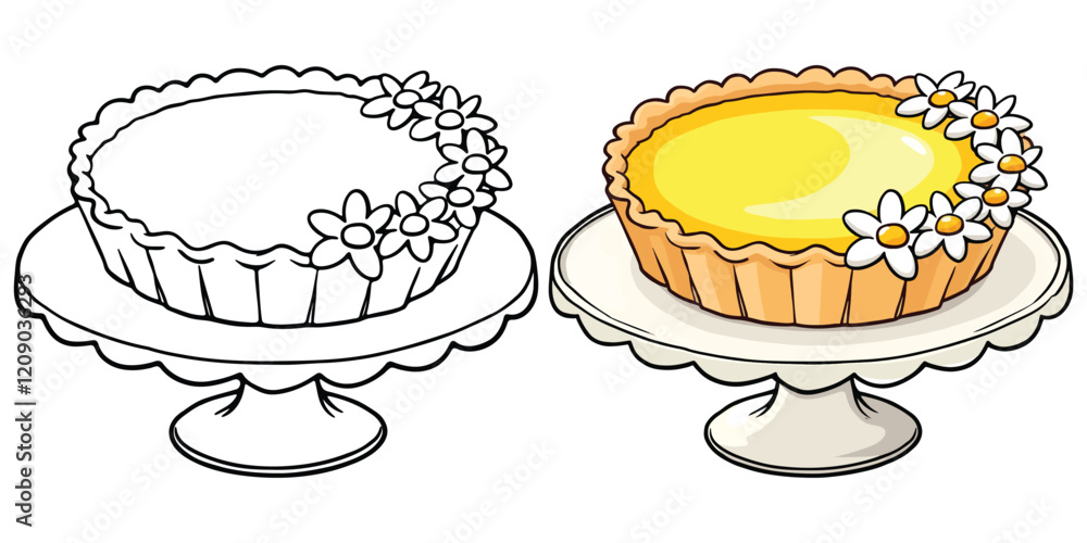 Lemon Tart Line Art Vector Illustration Black and White with Coloring ...