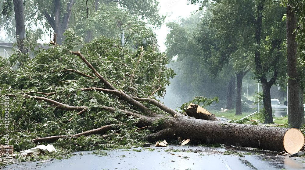 Storm damage aftermath, showing the destruction caused by a severe ...