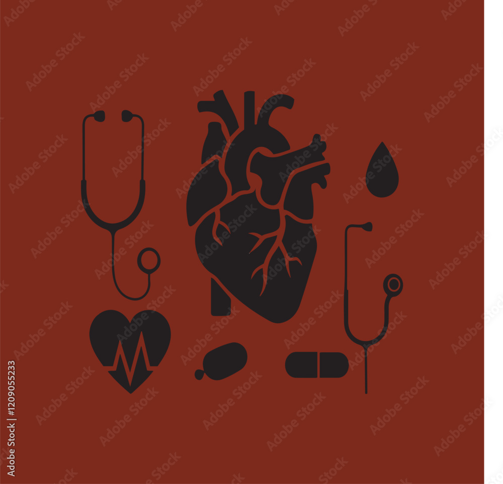 Anatomical heart vector silhouette icon set. heartbeat, cardiovascular ...