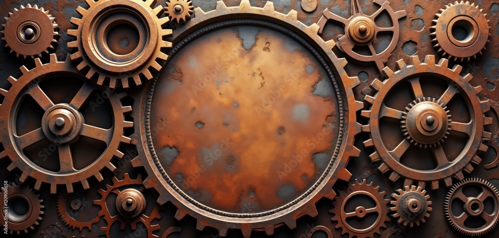 Rusty gears, cogs create steampunk backdrop. Complex interlocked metal ...