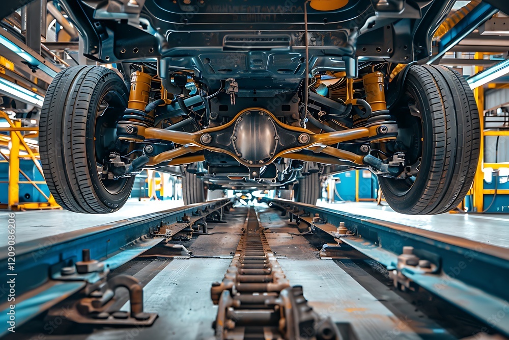 Car suspension on the car repair service station. Car chassis bottom ...