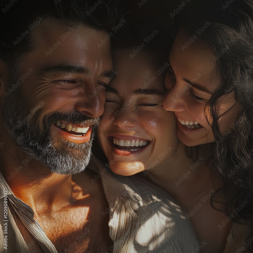 A happy throuple consisting of a clean-shaven man and two women ...