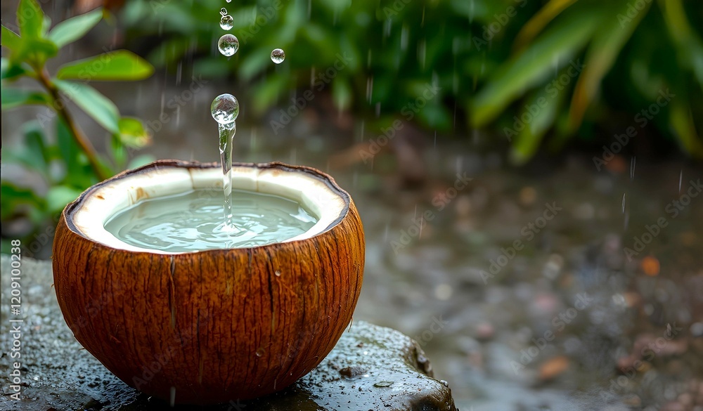 Rainwater is collected in a coconut shell during a rainy season which ...