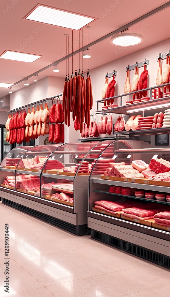 Well-lit butcher shop interior showcasing fresh meat and poultry ...