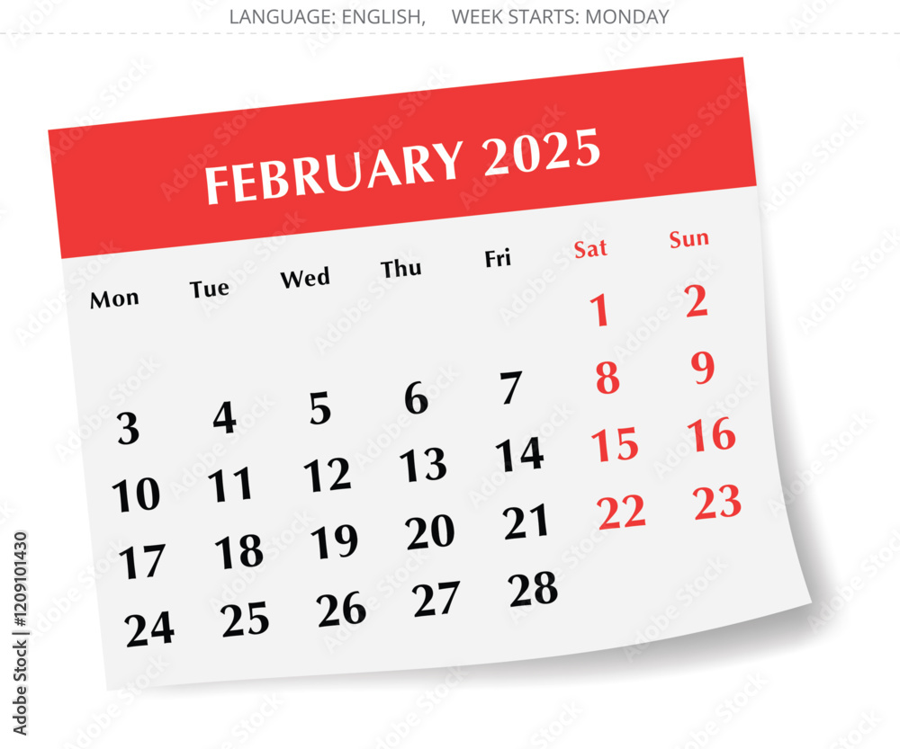 2025 february English calendar. A vector illustration of monthly paper ...