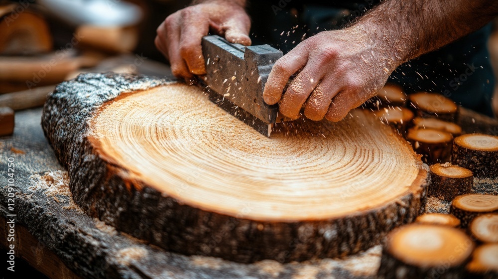 Artisan Craftsman Shaping Wood with Plane Tool to Create Smooth Surface ...