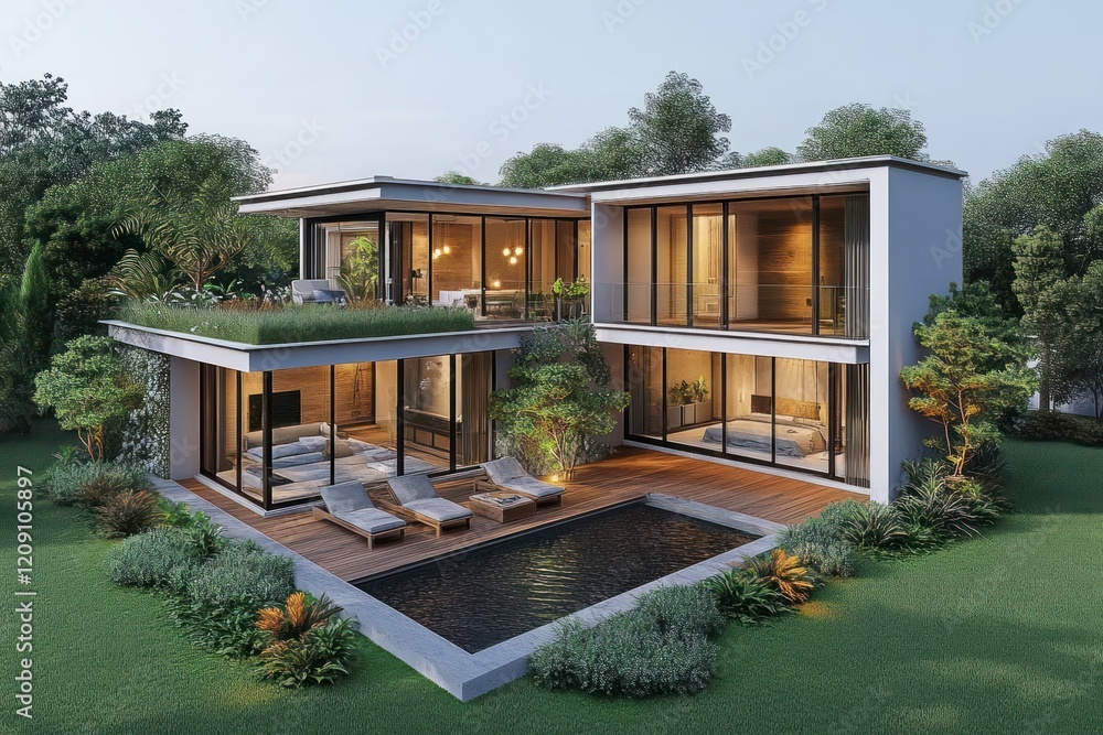 3D Render Isometric Floor Plan of Modern House with Green Garden and ...