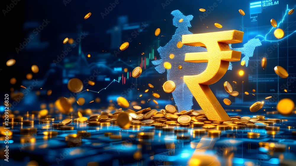 Indian currency background with rupee icon and falling rupee coins 3D ...