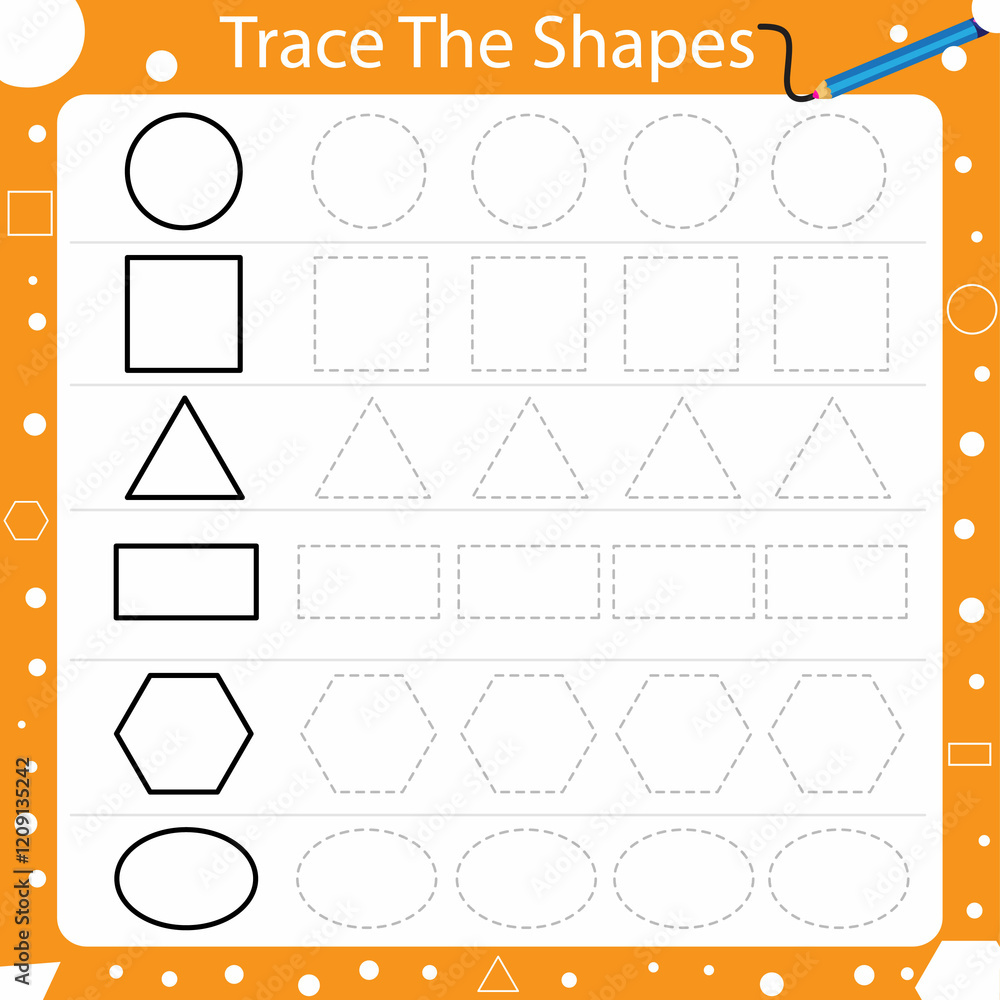Foto de Stock educational worksheet titled "Trace The Shapes" with rows ...