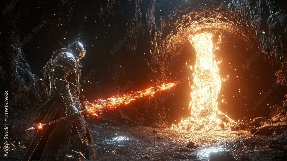 Knight, fiery sword, lava cave, fantasy game background. Stock Photo ...