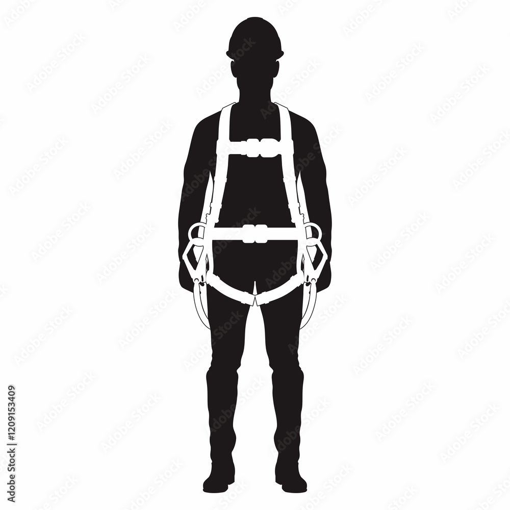 Silhouette, black and white of worker with full body safety harness for ...
