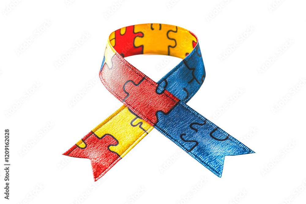 Autism symbol. Isolated puzzle-shaped ribbon in red, blue, and yellow ...