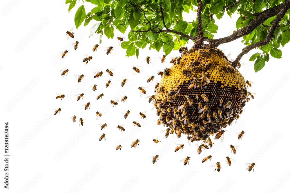 Bees swarm around a hive hanging from a tree branch in a sunny garden ...
