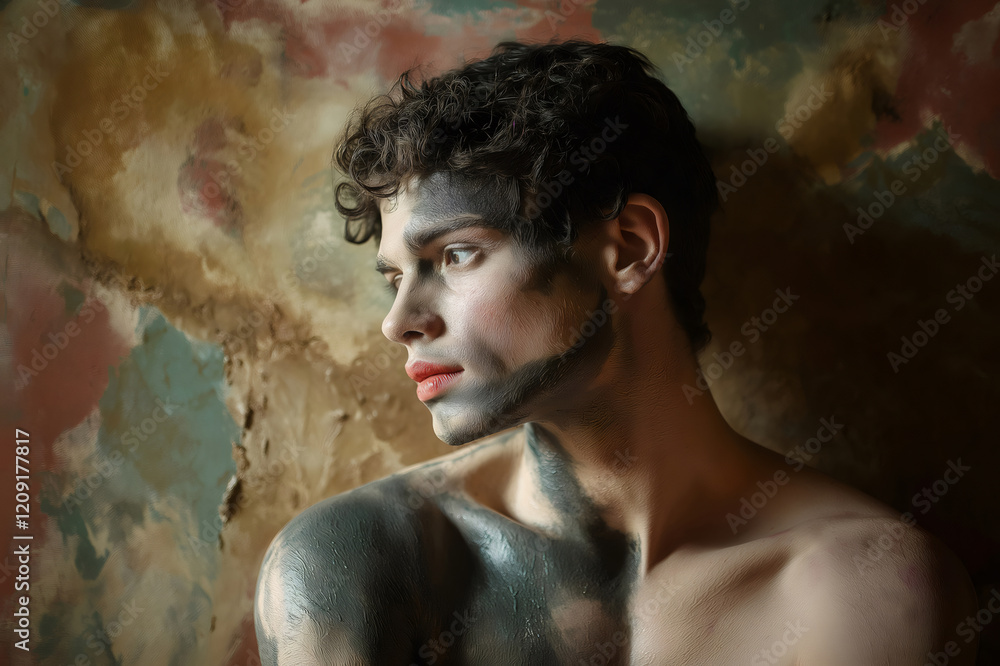 Shirtless male model with artistic body painting resembling a ...