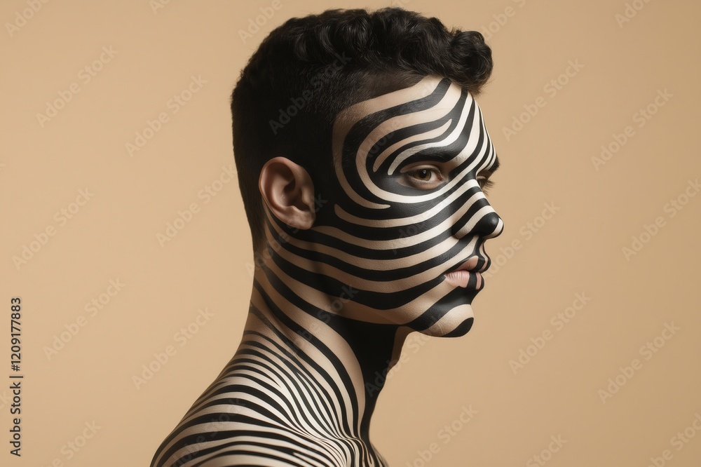 Profile of a male model with zebra stripes body painting creating an ...