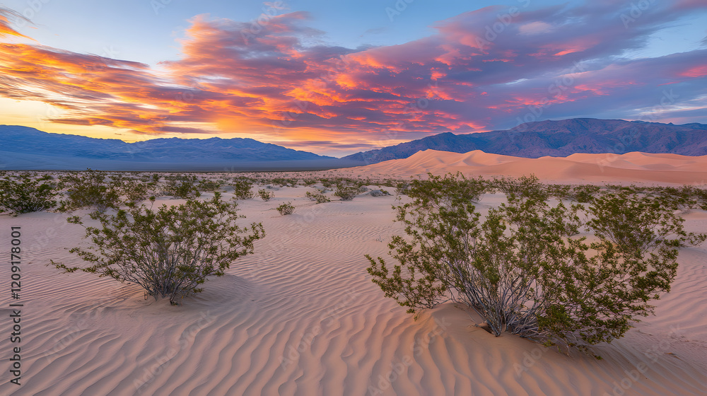 surreal desert landscape with towering sand dunes and vibrant sunset ...