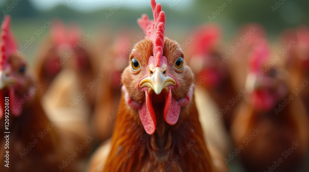 A curious and confident brown chicken. More chickens in the background ...