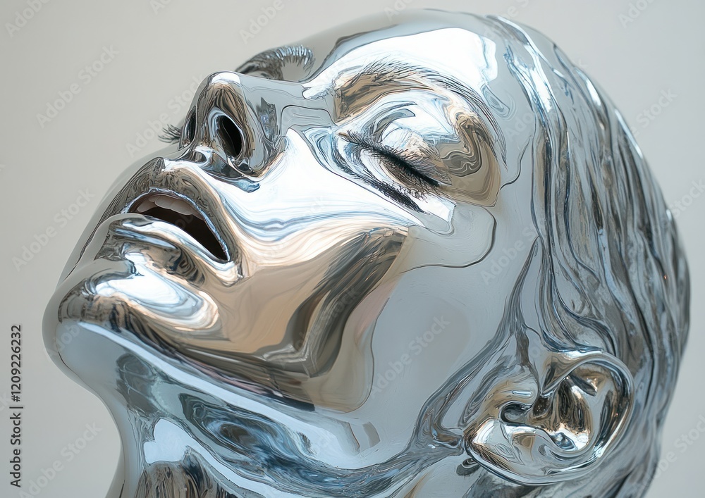 Hyper-realistic melted liquid chrome robotic head profile sculpture ...