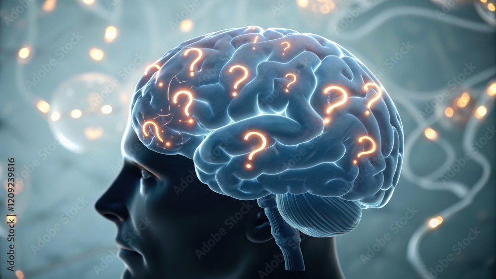 5 WHY analysis concept, Human brain with question marks and glowing ...
