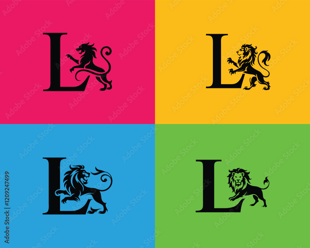 Lion Monogram Logo Design in Four Quadrants with Bold Typography. Liom ...