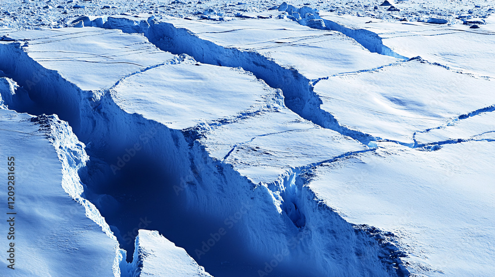 Expansive frozen terrain with deep jagged ice crevasses emphasizing the ...