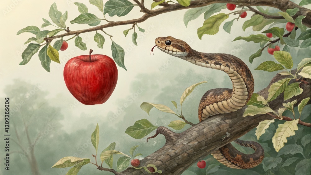 Serpent and Apple Botanical Painting, Temptation Concept, Digital ...