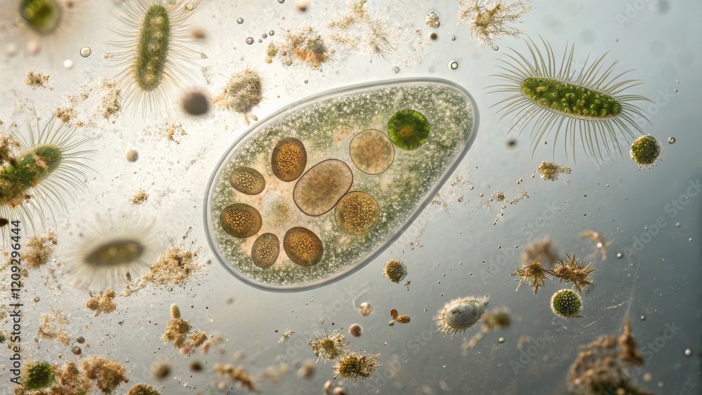Microscopic Life Paramecium and Diatoms, Close-up Composition, Aquatic ...
