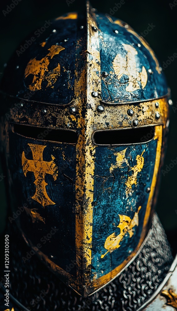Medieval knight's helmet, blue and gold, detailed craftsmanship, aged ...