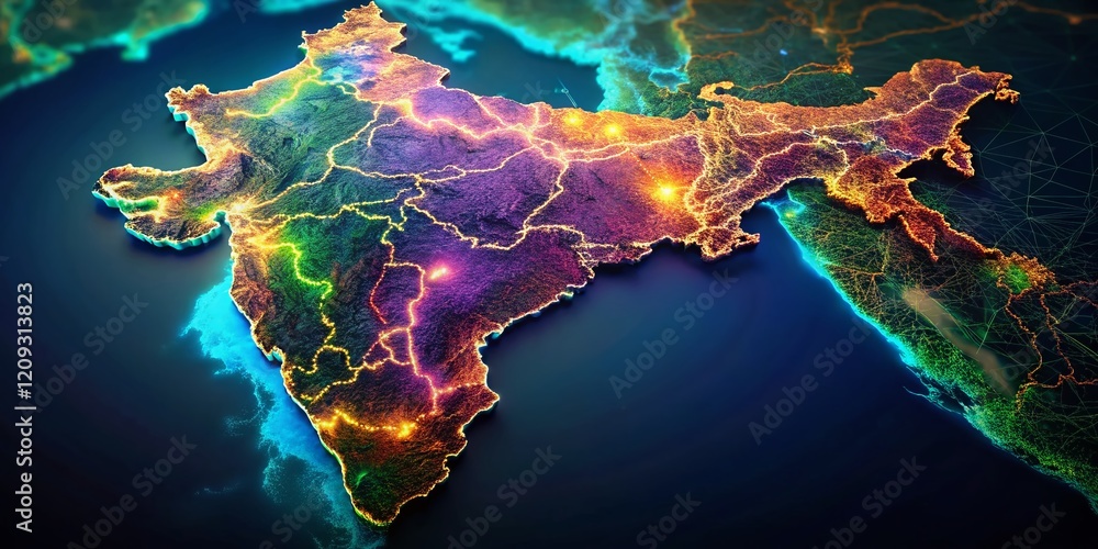 Animated India Map: Black Line Art Provinces & Neighboring Countries ...