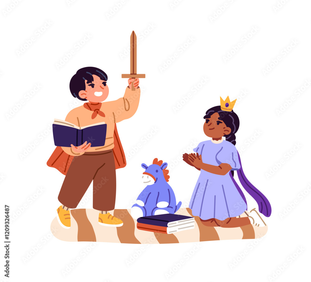 Happy kids read book, imagine together. Cute children have fun with ...