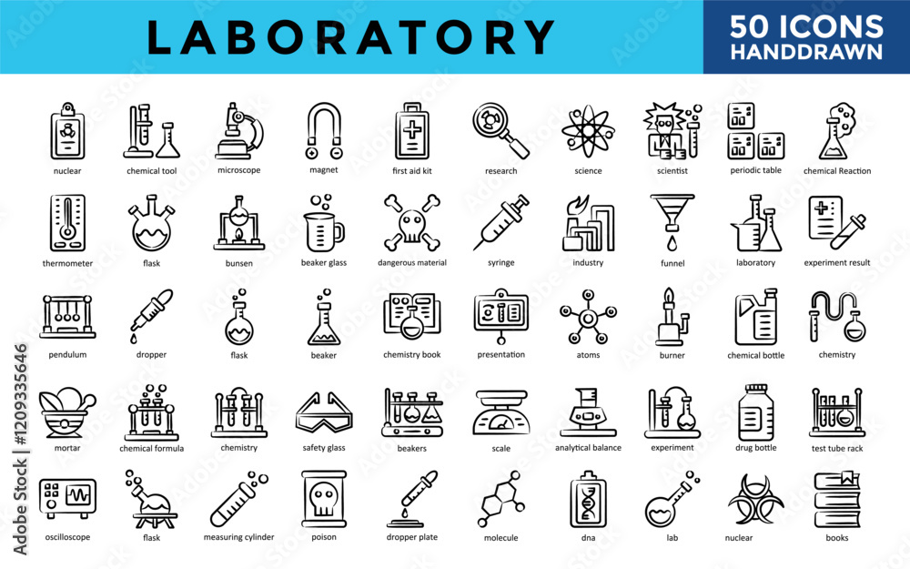 Laboratory icons set with nuclear, chemical tool, microscope, magnet ...