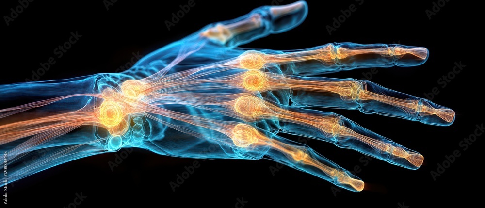 Exploded anatomical view of the human hand, with detailed nerve ...