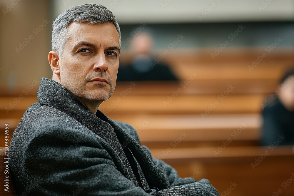 Pensive man church pews courtroom background. Stock Photo | Adobe Stock