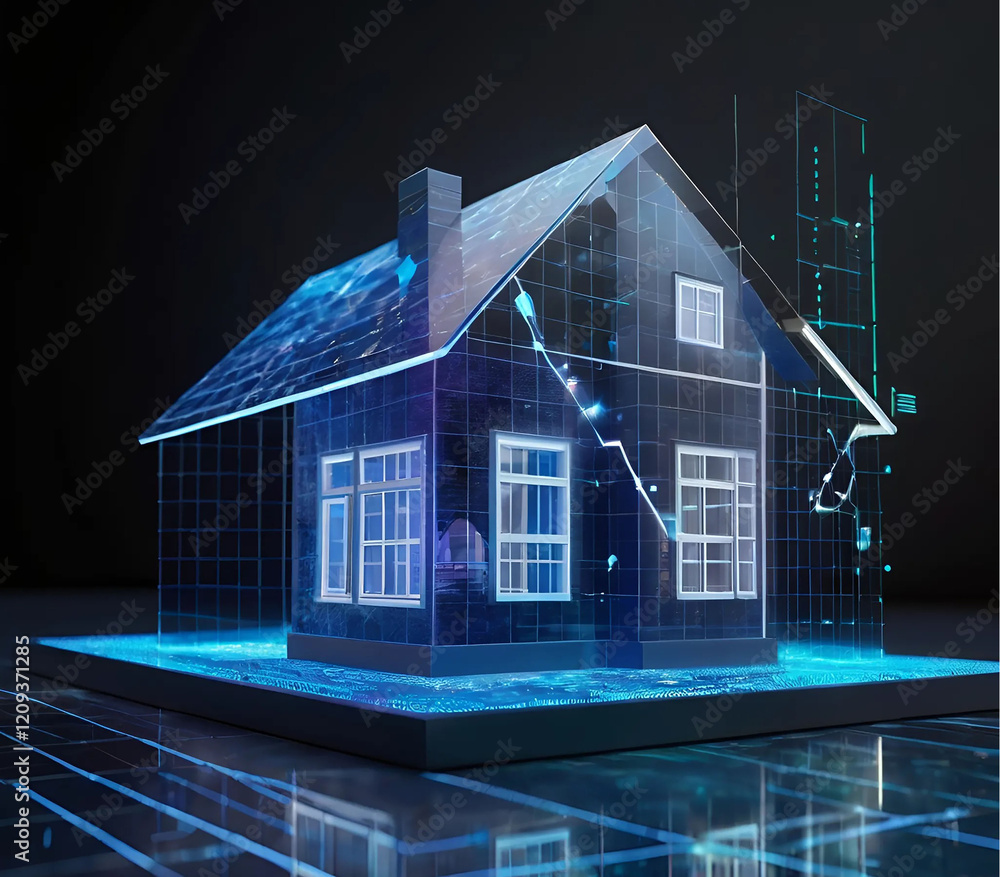 Holographic house projection, financial charts, businessman's hand ...