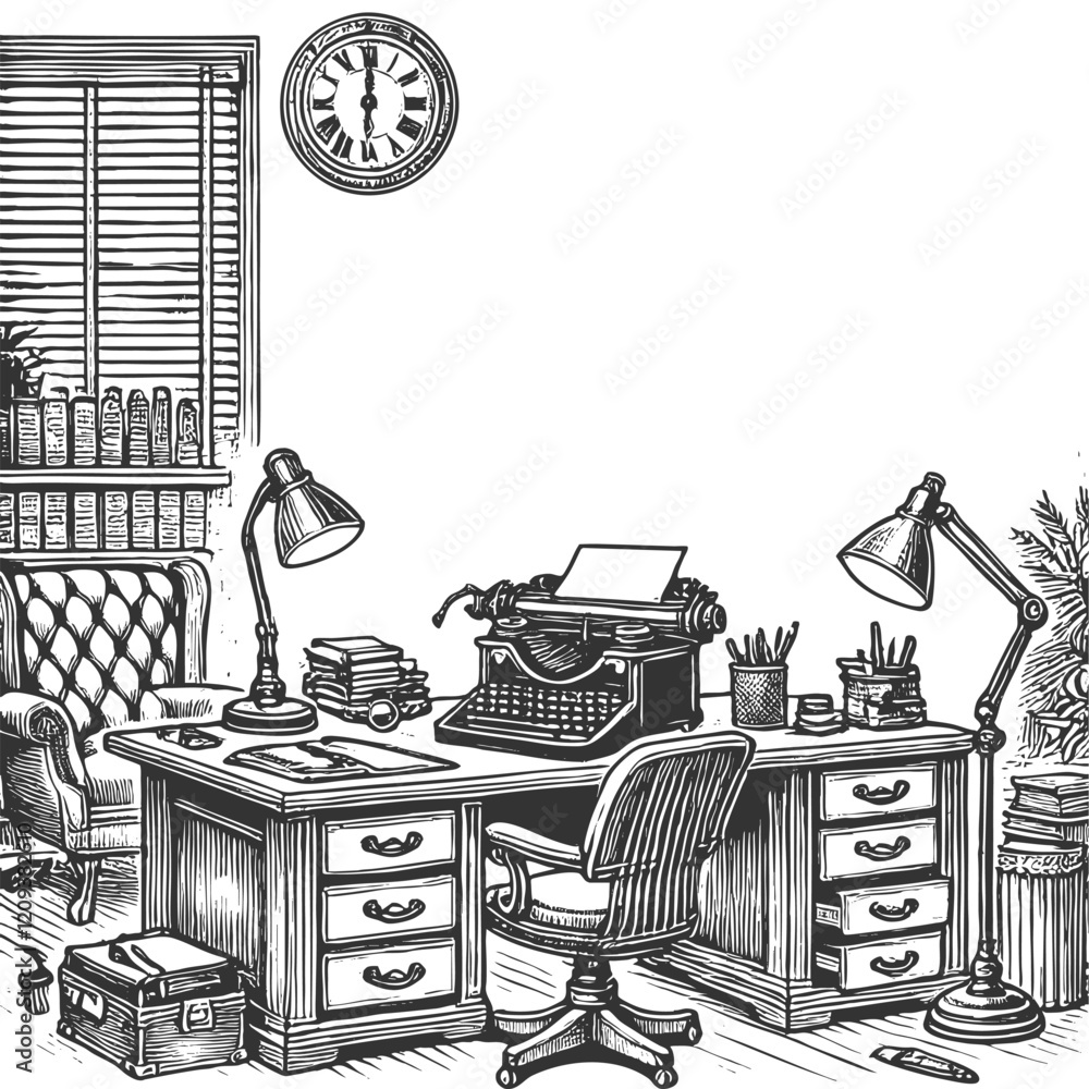 vintage writers desk featuring an antique typewriter, desk chair, and ...