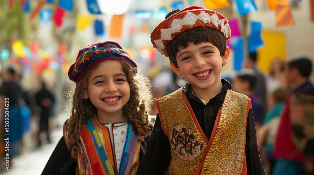 Children dressed in traditional Purim costumes, such as Esther and ...