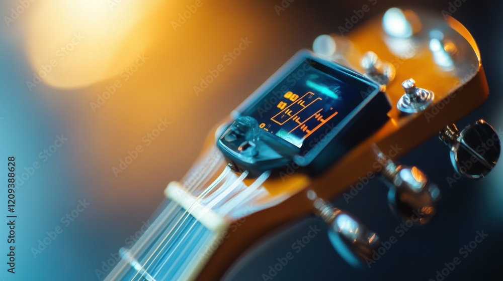 modern digital tuner displaying pitch on guitar headstock, clean ...