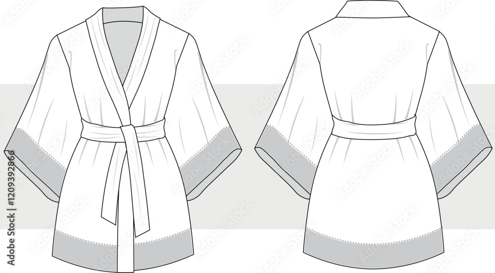 Women's dressing gown, bath robe, kimono flat sketch vector ...
