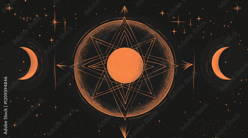Ishtar star and moon phases within Wicca and Neopaganism theme on a ...
