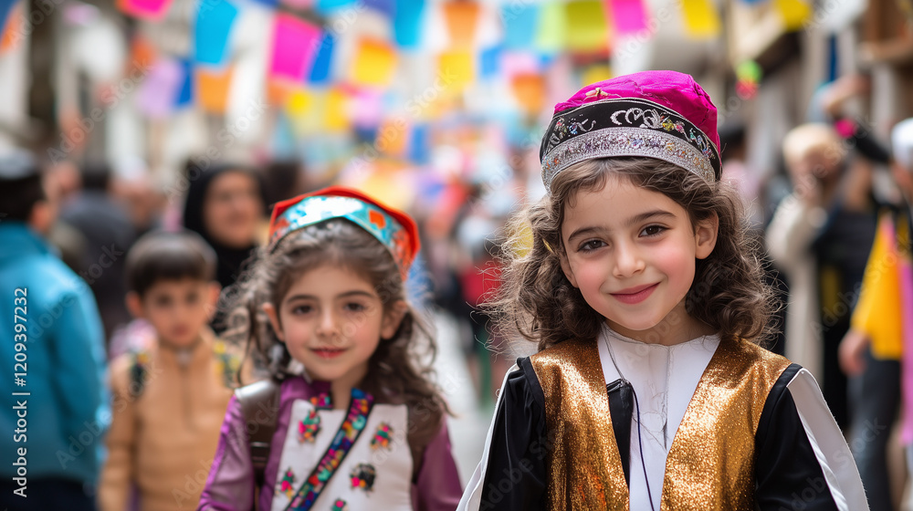 Children dressed in traditional Purim costumes, such as Esther and ...