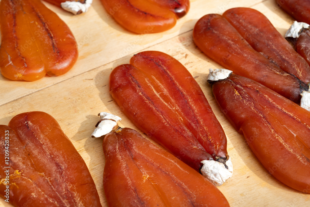 Making process of fresh mullet roe, dried using sun exposure and shade ...
