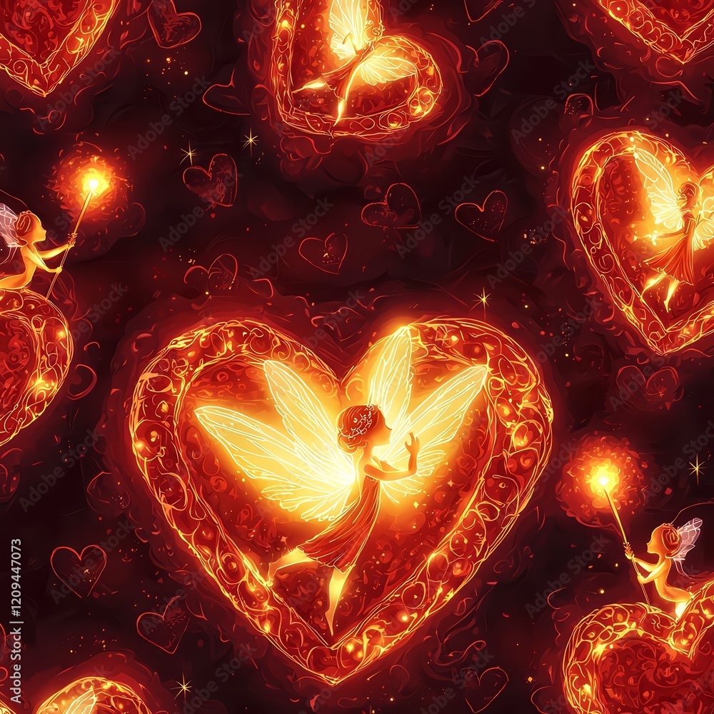 Heartfelt Magic: Tiny, shimmering fairies dance within glowing, fiery ...