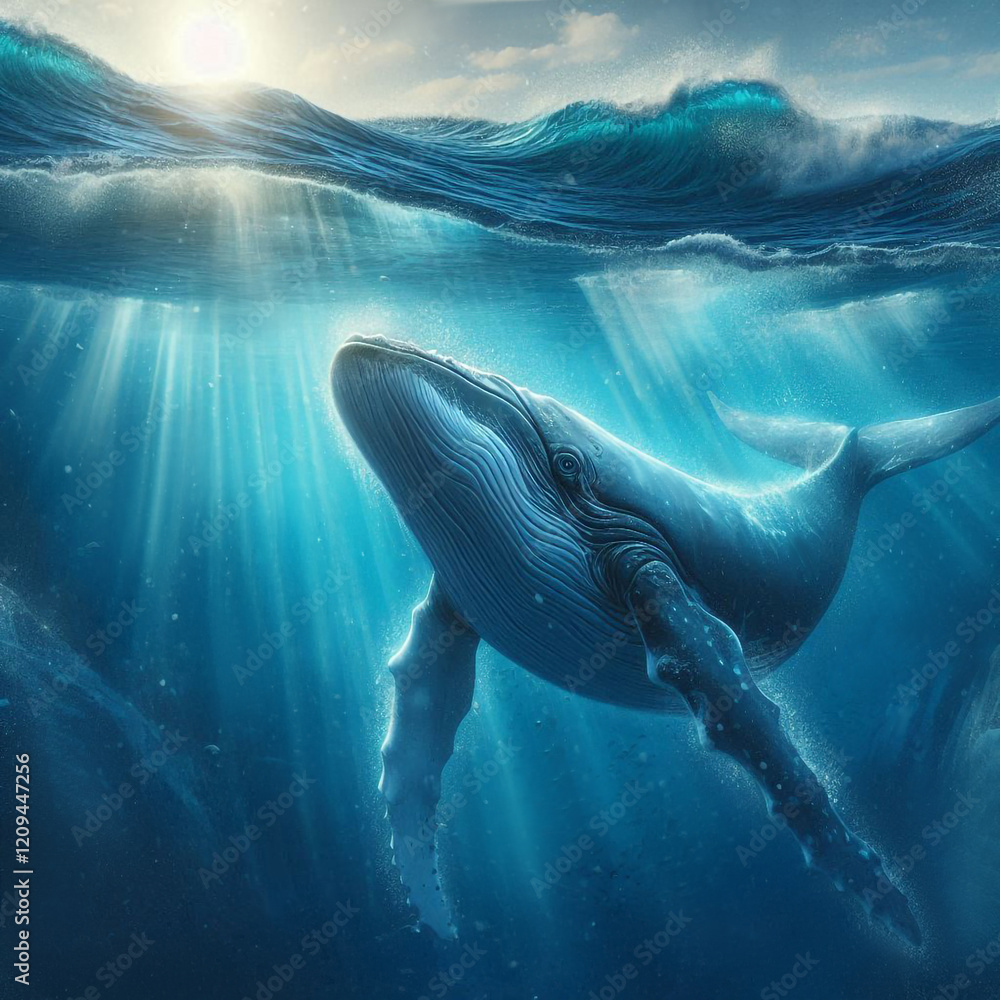 Humpback whale swimming underwater with sunlight rays penetrating the ...