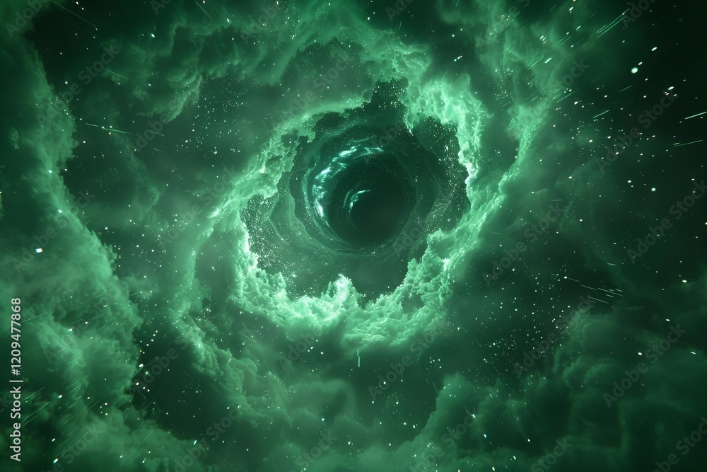 Abstract Science Technology Grunge Green Space Cloud Wormhole Tunnel Background: Space Travel ...