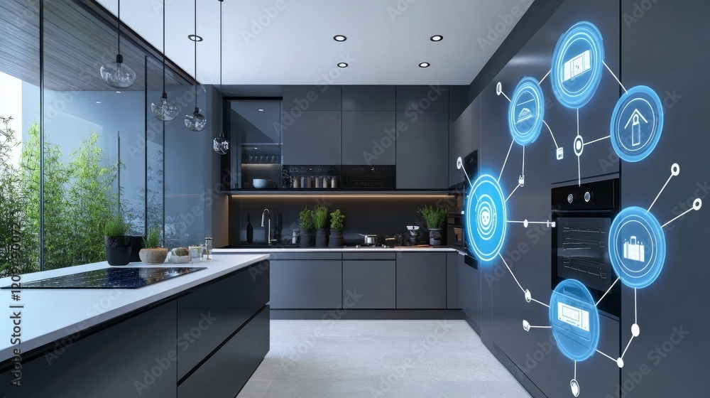 Contemporary smart home with a solar power setup and battery storage ...