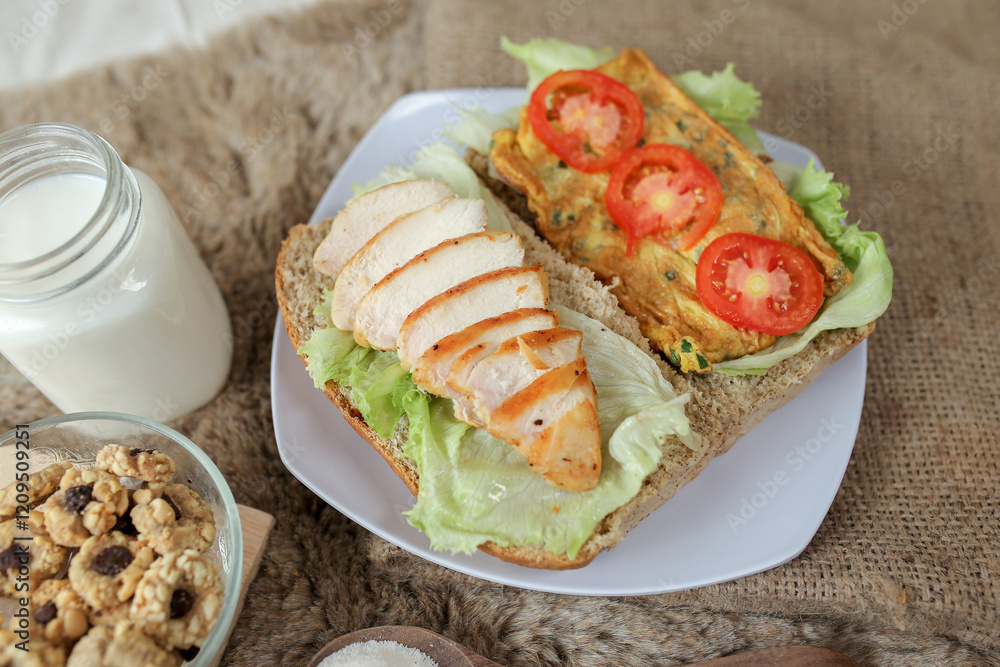 Big breakfast, bread, chicken slice, tomato, lettuce, smoked beef, egg ...